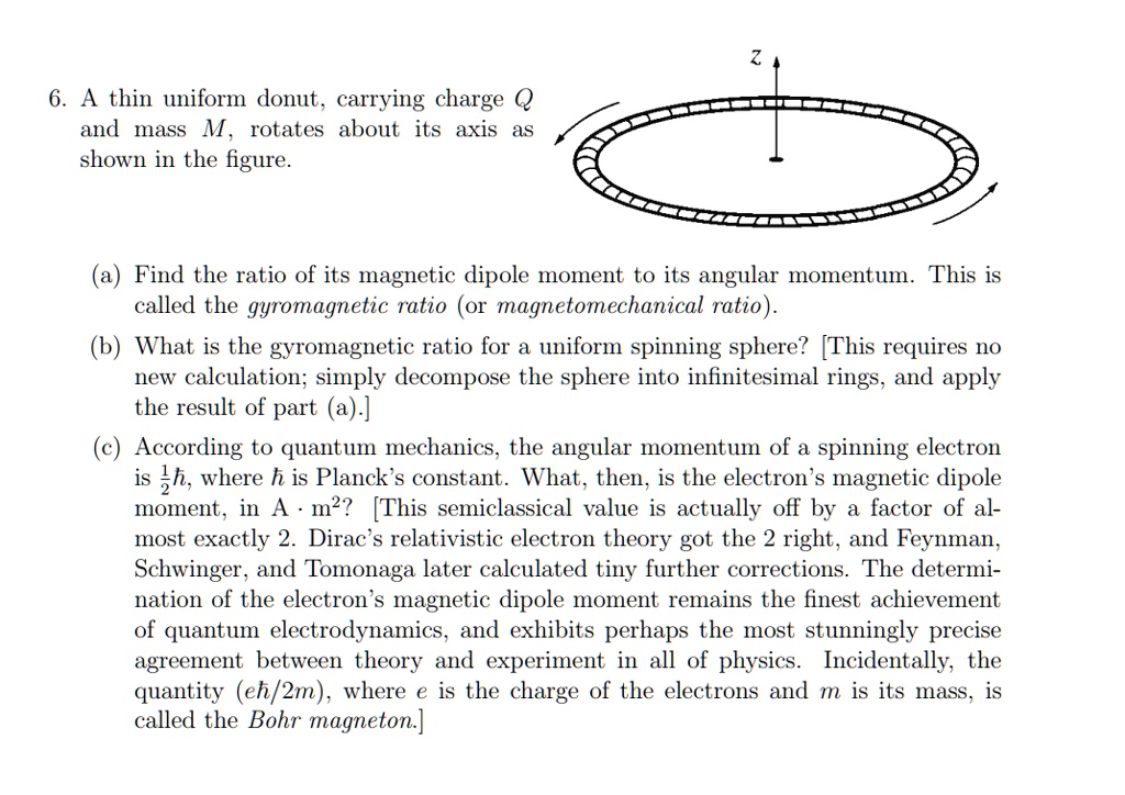 SOLVED: A thin uniform donut, carrying charge and mass M, rotates about ...