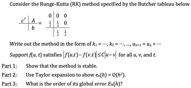 SOLVED: Consider the Runge-Kutta (RK) method specified by the Butcher ...