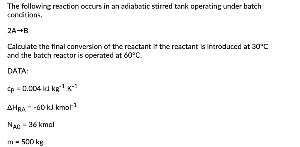 SOLVED: The following reaction occurs in an adiabatic stirred tank operating under batch ...