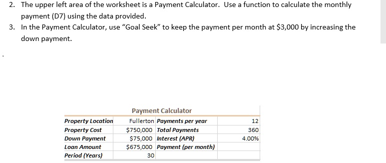 the upper left area of the worksheet is payment calculator use function ...