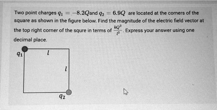 Two point charges q1 = -8.2Q and q2 = 6.9Q are located at the corners ...