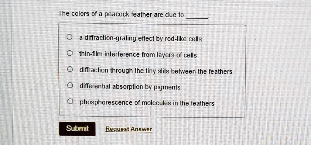 SOLVED: The colors of a peacock feather are due to 0 diffraction ...