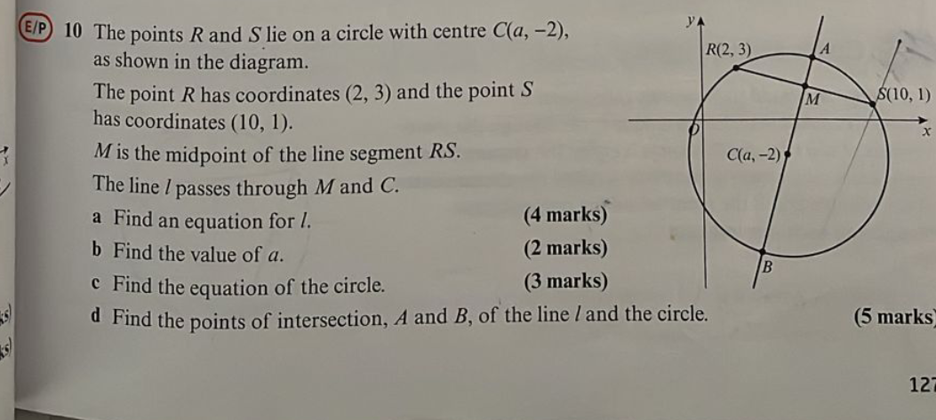 E/P 10 The points R and S lie on a circle with centre C(a,-2), as shown in the diagram. The ...