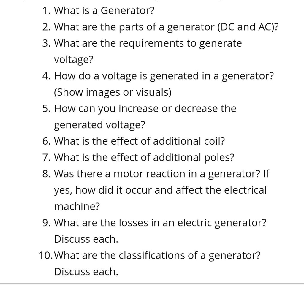 SOLVED: 1.What is a Generator? 2. What are the parts of a generator (DC ...