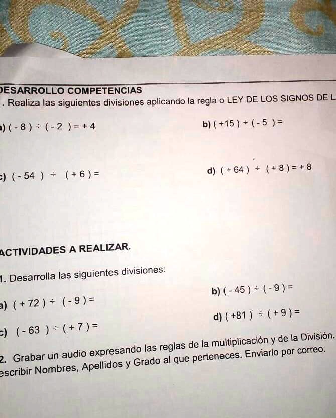 SOLVED: realiza las siguientes divisiones aplicando regla o ley de los ...