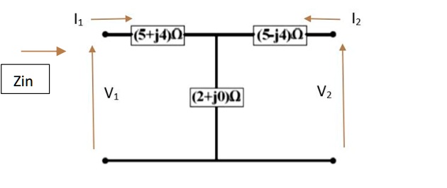 I1 (5+j4)? I2 (5-j4)? Zin V1 (2+j0)? V2
