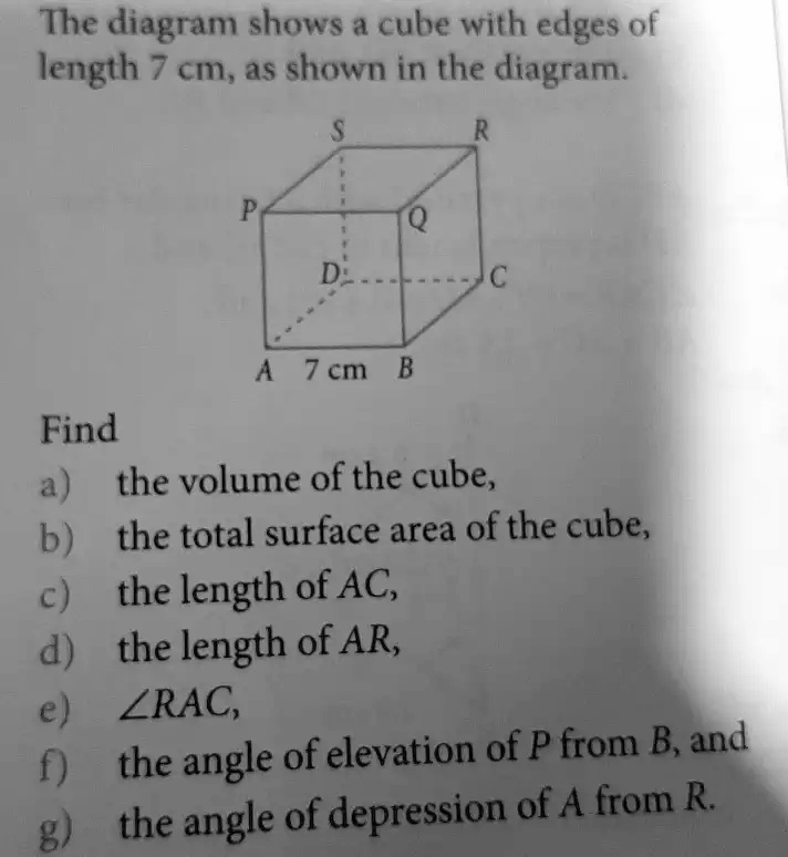 SOLVED: The diagram shows a cube with edges of length 7 cm, as shown in ...