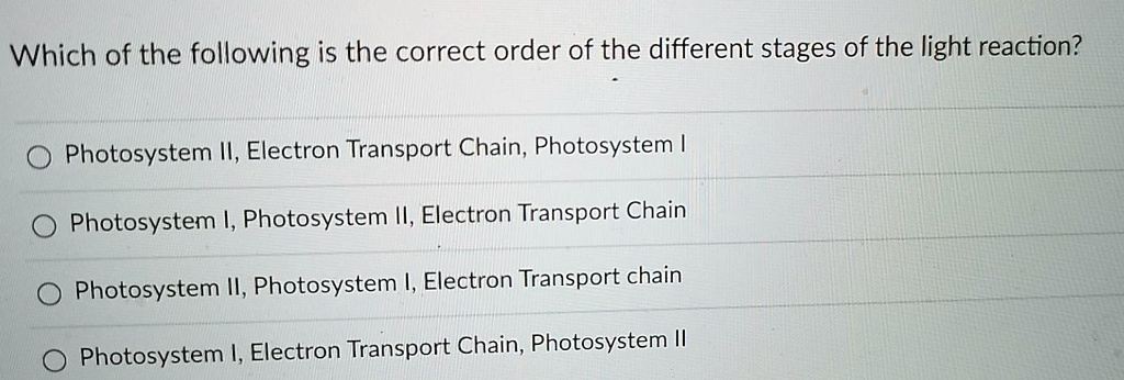 SOLVED: Which of the following is the correct order of the different ...
