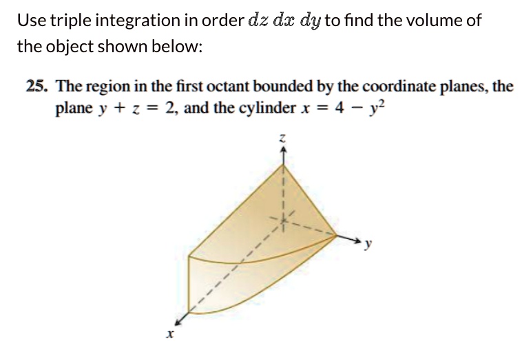 SOLVED: Use triple integration in order dz da dy to find the volume of the object shown below ...