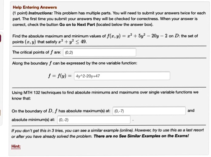 SOLVED: Help Entering Answers point) Instructions: This problem has ...