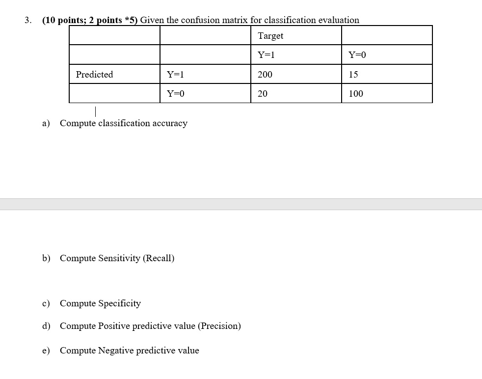 10 points 2 points 5 given the confusion matrix for classification ...