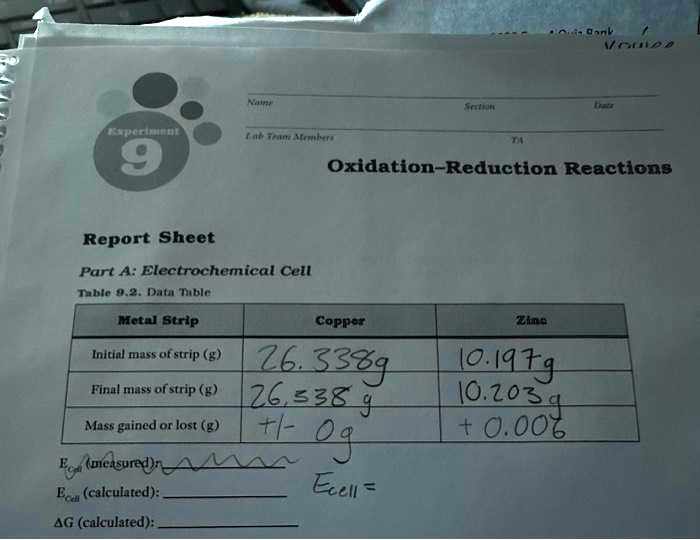 help me calculate ecell and delta g please the experiment time was over ...