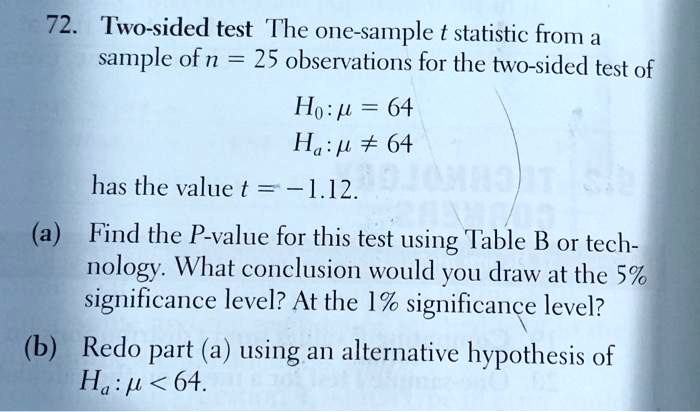 SOLVED: 72. Two-sided test The one-sample t statistic from a sample of ...