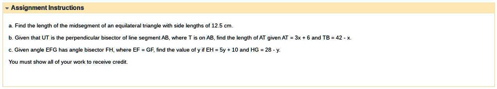 SOLVED: 'a. Find the length of the midsegment of an equilateral triangle with side lengths of 12 ...