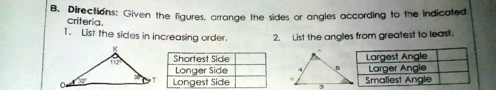 SOLVED: Directions: Given the figures, arrange the sides and angles according to the indicated ...