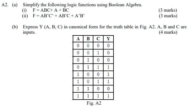 SOLVED: A2. Simplify the following logic functions using Boolean Algebra: i) F = ABC + A + BC ii ...