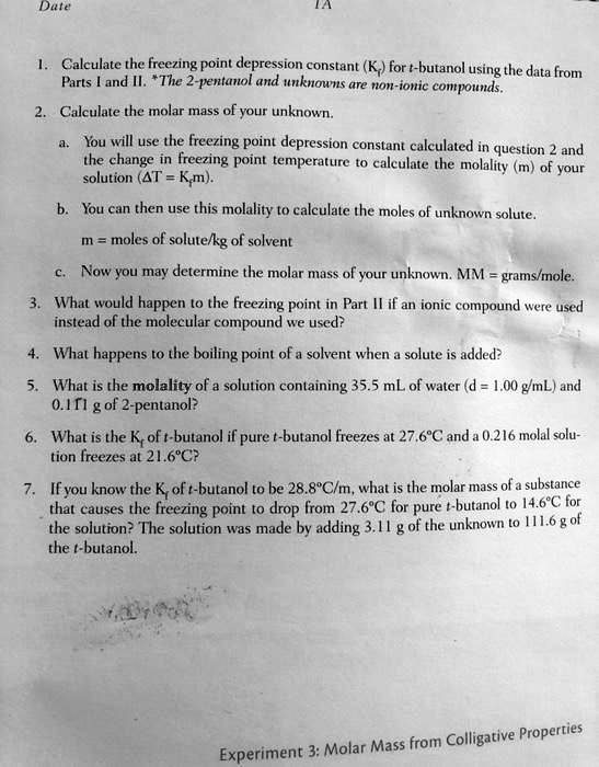 SOLVED: Calculate the freezing point depression constant (K) for n ...