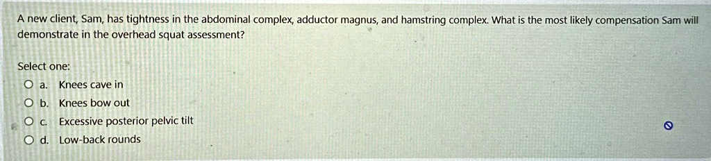 A new client, Sam, has tightness in the abdominal complex, adductor ...