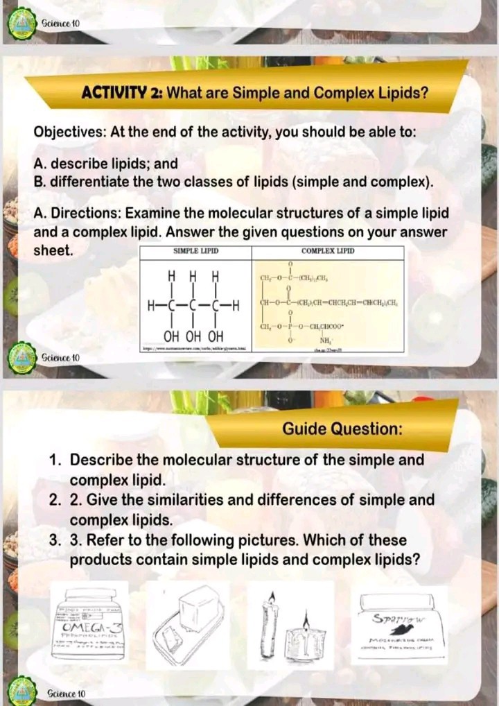 Scierce 10 ACTIVITY 2: What are Simple and Complex Lipids? Objectives ...