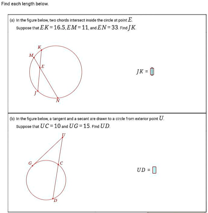 SOLVED: Text: Find each length below: (a) In the figure below, two chords intersect inside the ...