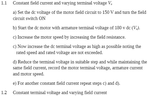 '1.1 Constant field current and varying terminal voltage Va a) Set the ...