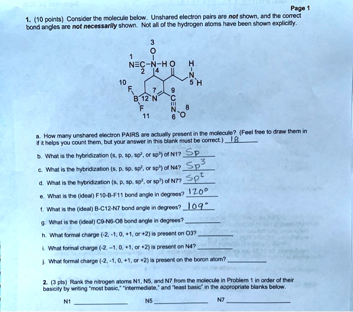 SOLVED: Page (10 points) Consider the molecule below: Unshared electron ...