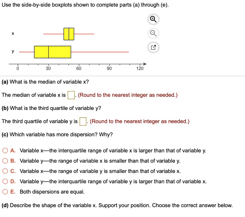 SOLVED: Use the side-by-side boxplots shown to complete parts (a) through (e): 30 120 (a) What ...