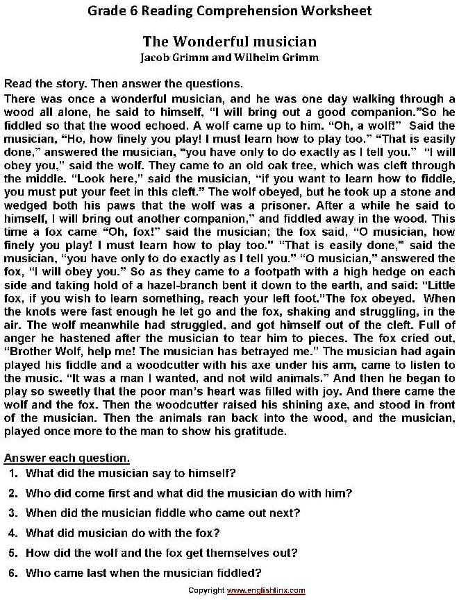 Grade 6 Reading Comprehension Worksheet The Wonderful Musician: Jacob ...