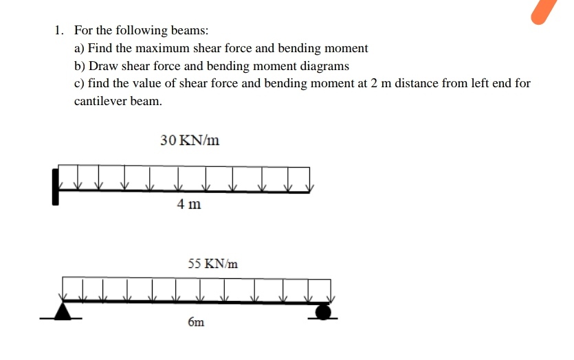 SOLVED: 1. For the following beams: a) Find the maximum shear force and bending moment b) Draw ...