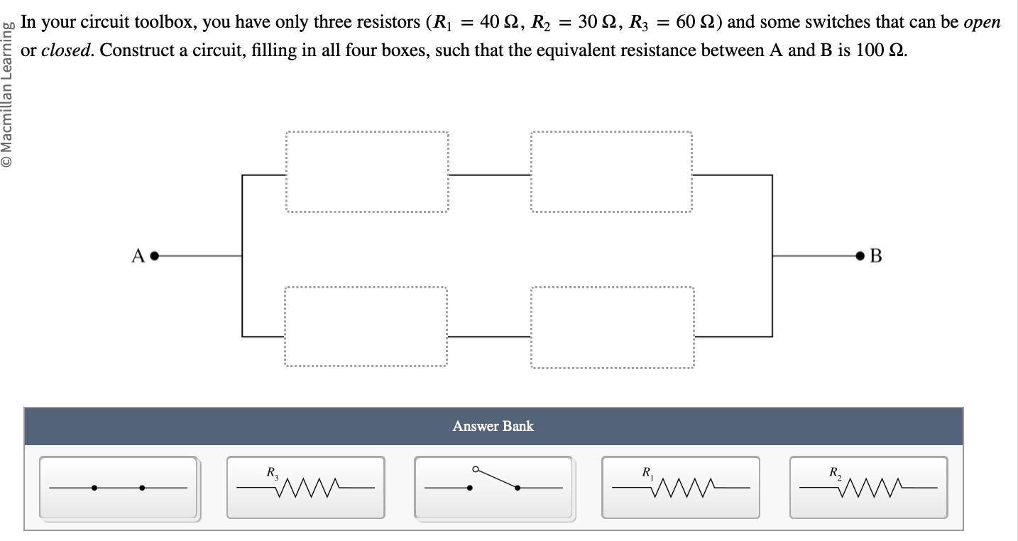 SOLVED: In your circuit toolbox, you have only three resistors (R1=40 Ω, R2=30 Ω, R3=60 Ω) and ...