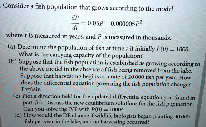 SOLVED: Consider a fish population that grows according to the model dP ...