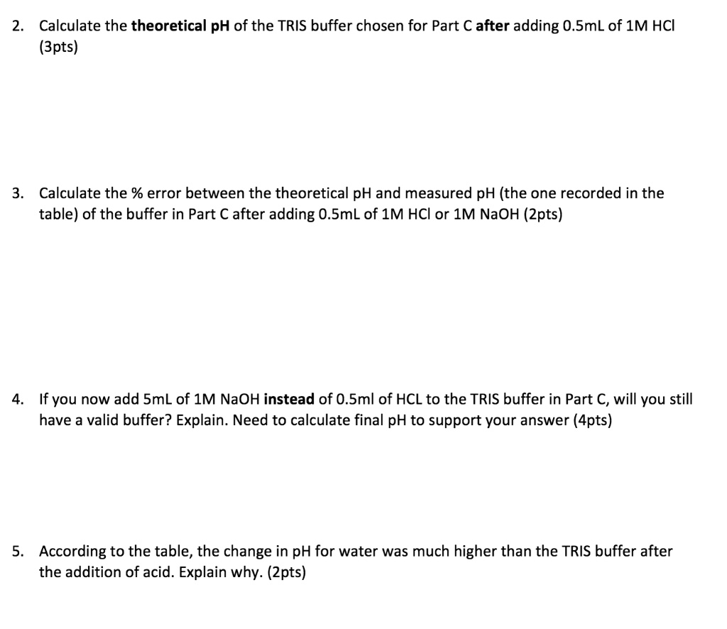Solved Calculate The Theoretical Ph Of The Tris Buffer Chosen For Part C After Adding 0 5 Ml Of