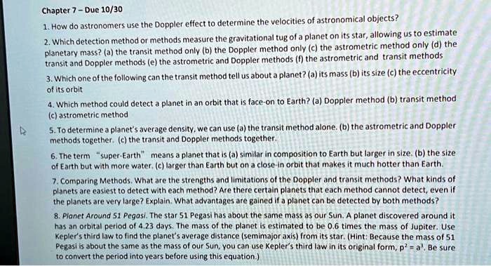 SOLVED: Chapter 7 - Due 10/30 1. How do astronomers use the Doppler ...