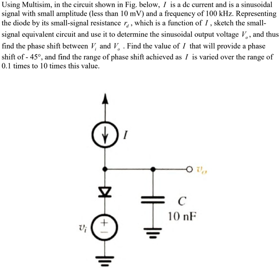 Using Multisim, in the circuit shown in Fig. below, I is a dc current and is a sinusoidal signal ...
