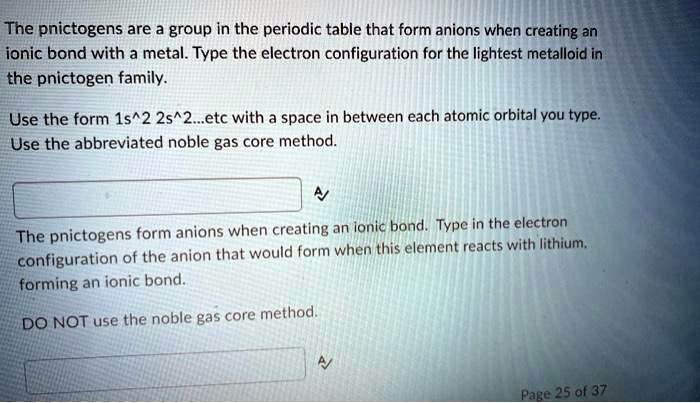 SOLVED: The pnictogens are a group in the periodic table that form anions when creating an ionic ...