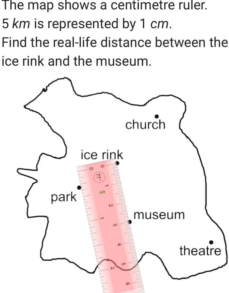 SOLVED: The map shows a centimetre ruler: 5 km is represented by 1 cm ...