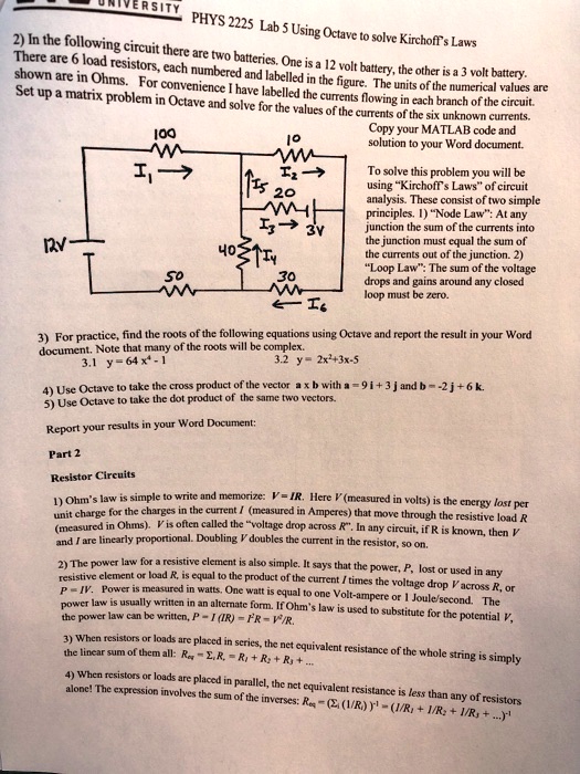 phys 2225 lab 5 using octave to solve kirchoffs laws 100 copy your ...