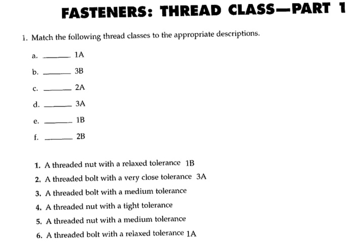 FASTENERS: THREAD CLASS-PART 1 1. Match the following thread classes to ...
