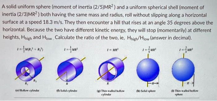 SOLVED: A solid uniform sphere (moment of inertia (2/5)MR? ) and a ...