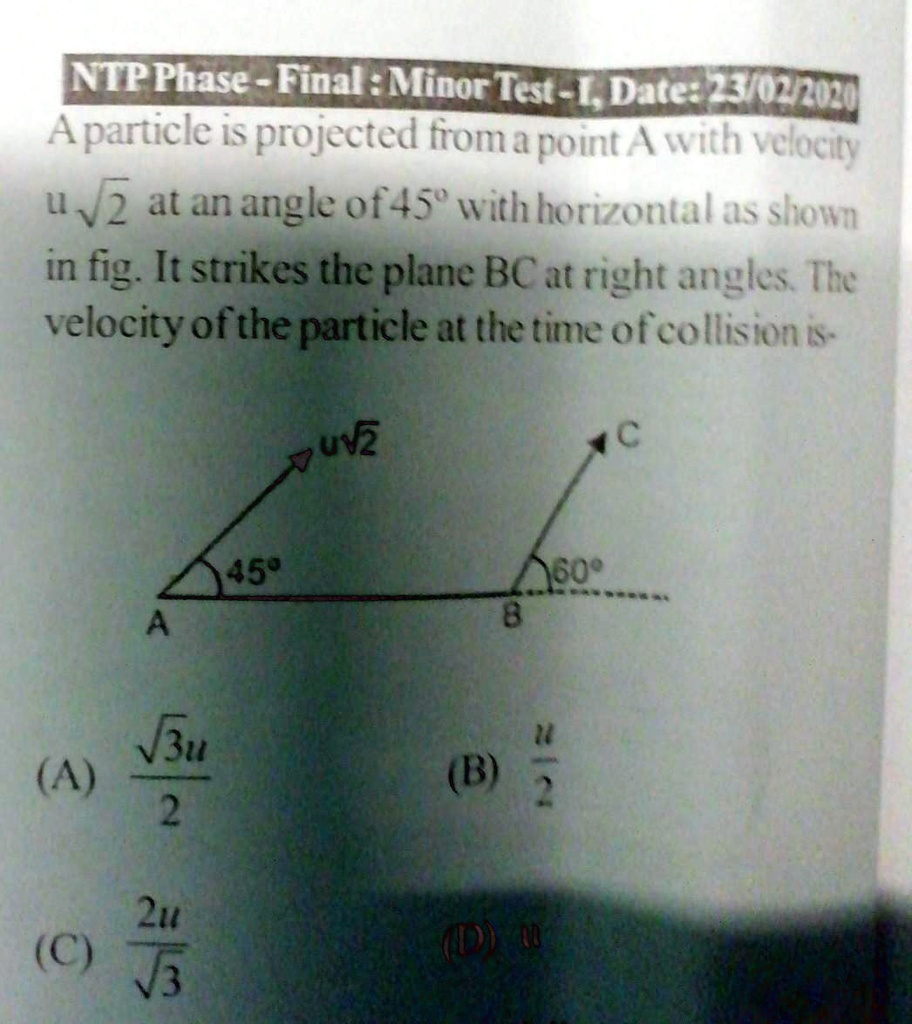 SOLVED: A particle is projected from point A with velocity Uâˆš2 at an angle of 45 degrees with ...