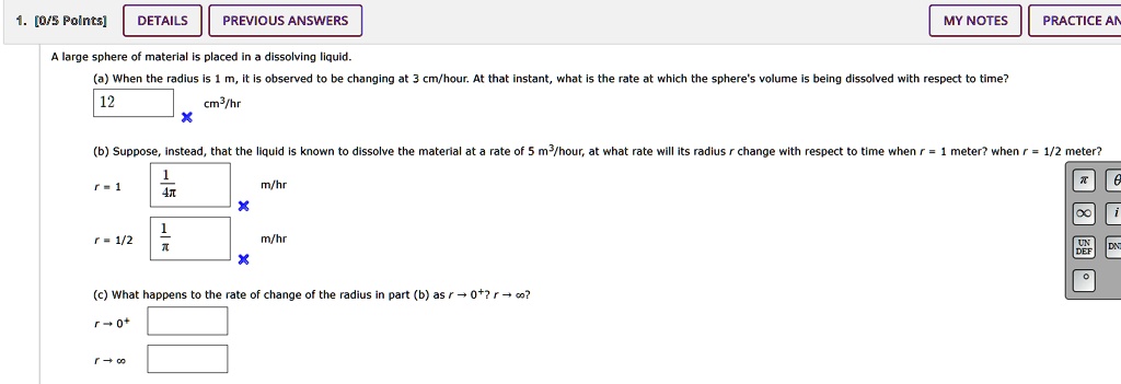 SOLVED: Points] A large sphere of material is placed in a dissolving ...
