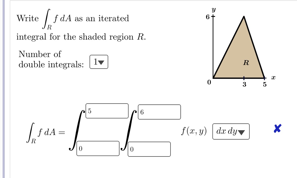 Write f(A) as an iterated integral for the shaded region R: Number of double integrals: R ∫∫R f ...