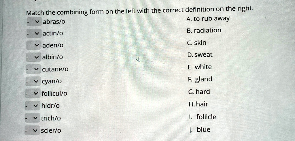 Match the combining form on the left with the correct definition on the ...