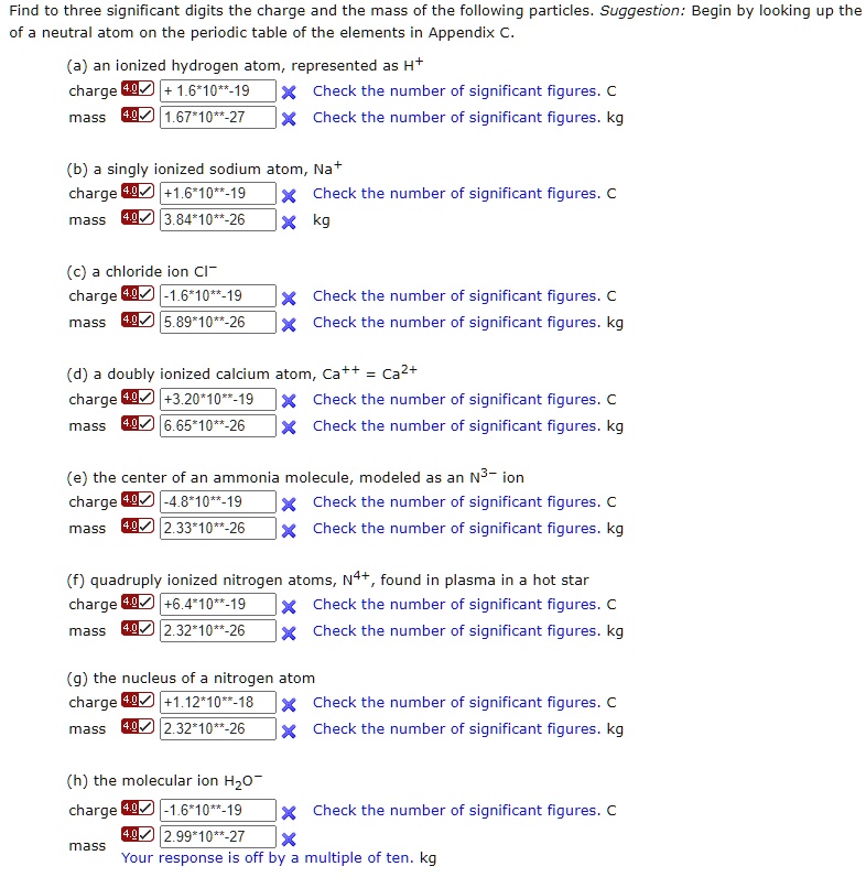 SOLVED: Find to three significant digits the charge and the mass of the following particles ...