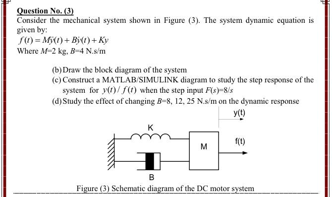 Question No. (3) Consider the mechanical system shown in Figure (3). The system dynamic equation ...