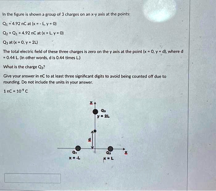 SOLVED: In the figure, a group of 3 charges is shown on an x-y axis at the points: Q = 4.92 nC ...