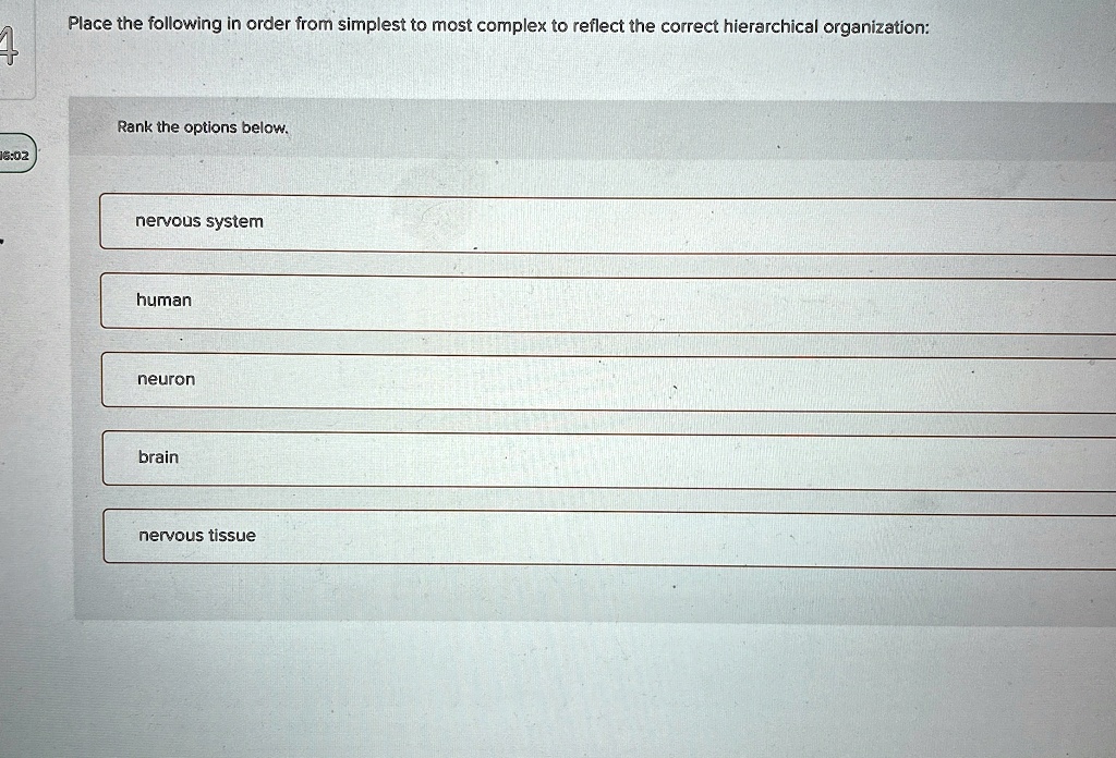 [GET ANSWER] Place the following in order from simplest to most complex to reflect the correct ...