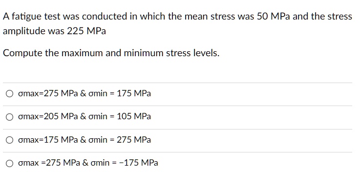A fatigue test was conducted in which the mean stress was 50 MPa and ...