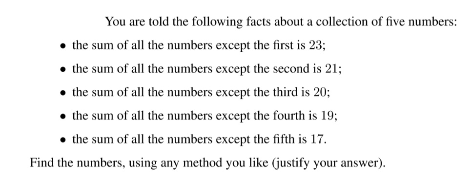 SOLVED:You are told the following facts about a collection of five numbers: the sum of all the ...
