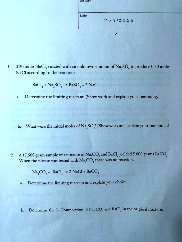 SOLVED: Oecliun Date 7 / 8/2026 0.20 moles BaCl, reacted with an ...